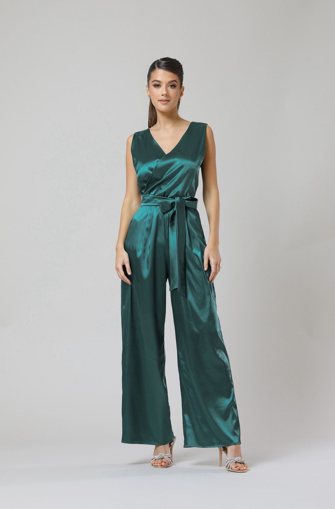 Dark Green Jumpsuit, Satin Jumpsuit, Party Jumpsuit, Sleeveless, Formal ...