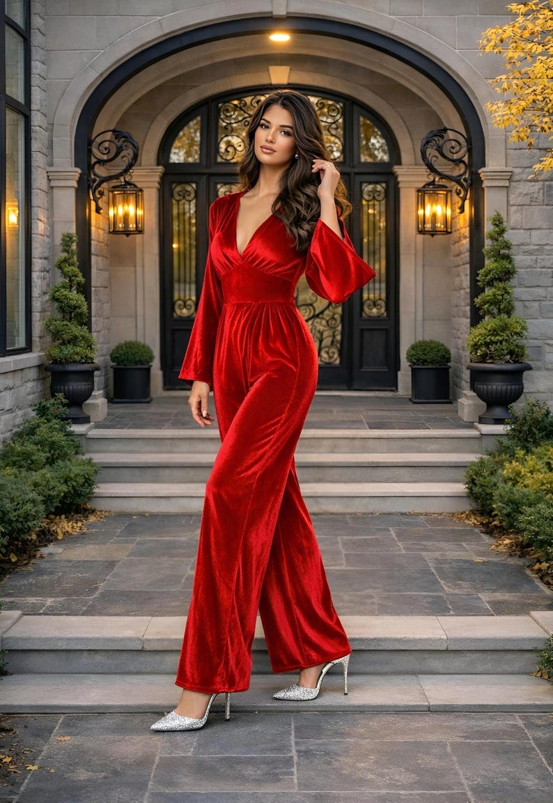 Velvet Bell Sleeve Jumpsuit, Wide Leg Pantsuit Women, 70s Style ...