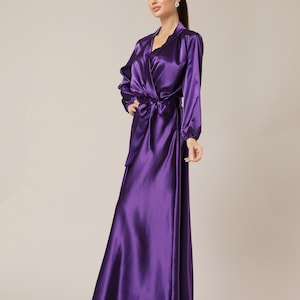 Purple Satin Dress Long Sleeve Occasion Dress a Line Dress, Flowy Dress ...