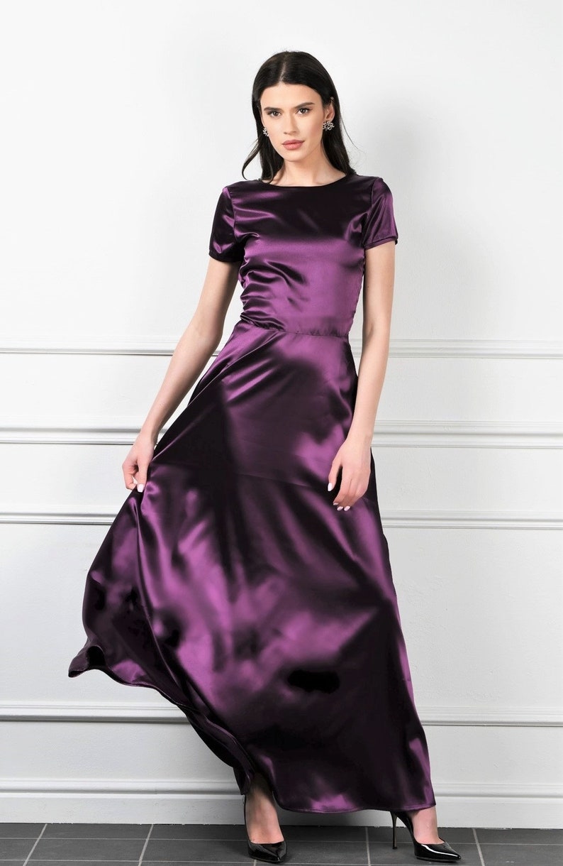 Plum Satin Maxi Dress A Line Dress With Deep V Back Short Etsy