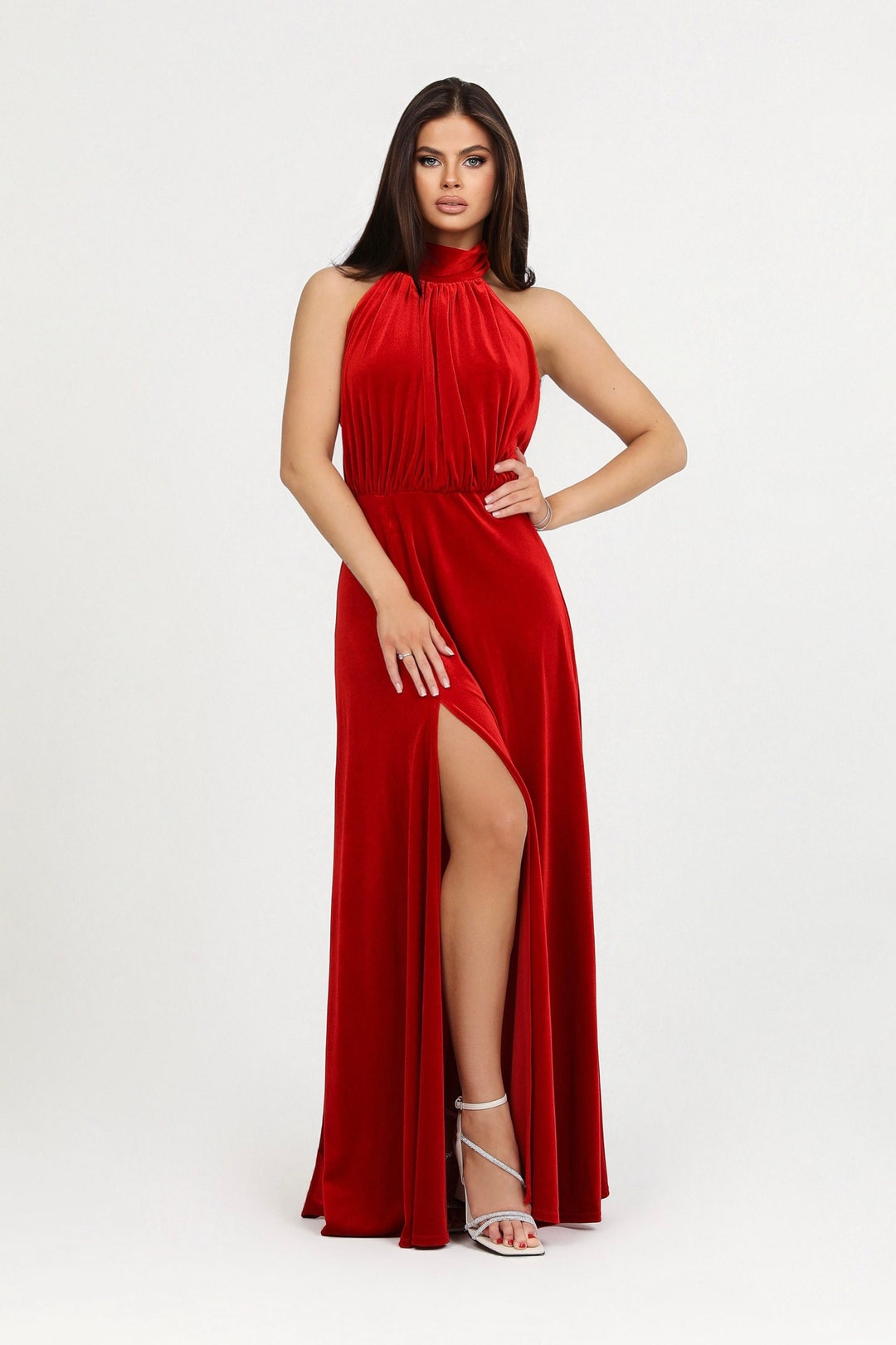Red Velvet Dress Maid of Honor Evening Gown Velvet Bridesmaid Dress ...
