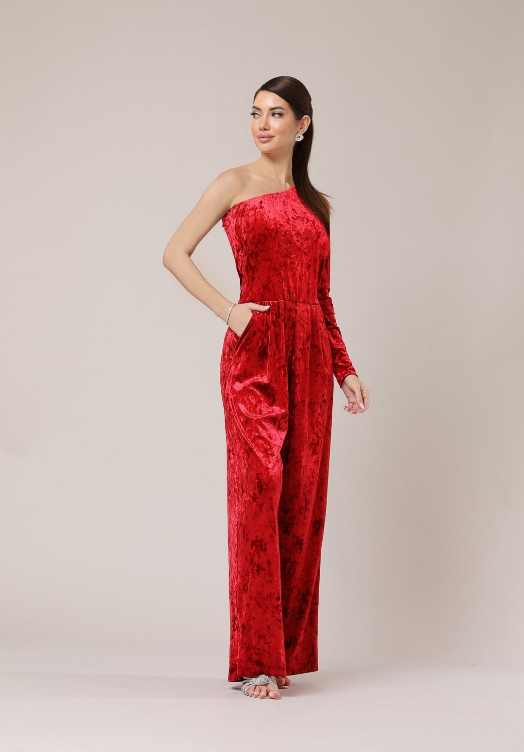 Red Velvet Jumpsuit Women One Shoulder Overalls Wide Leg Velvet ...