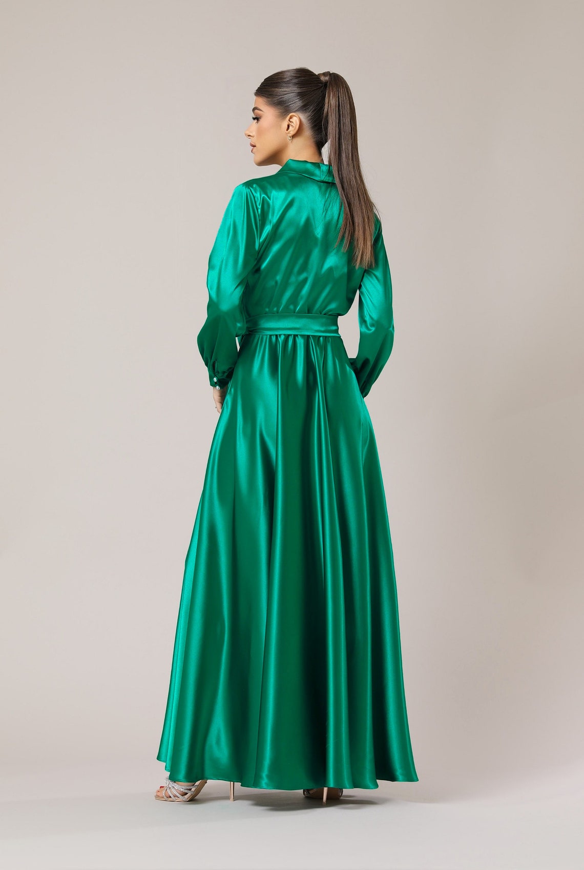 Green A Line Satin Dress Wrap Shawl Lapel Neck Satin Dress - Etsy