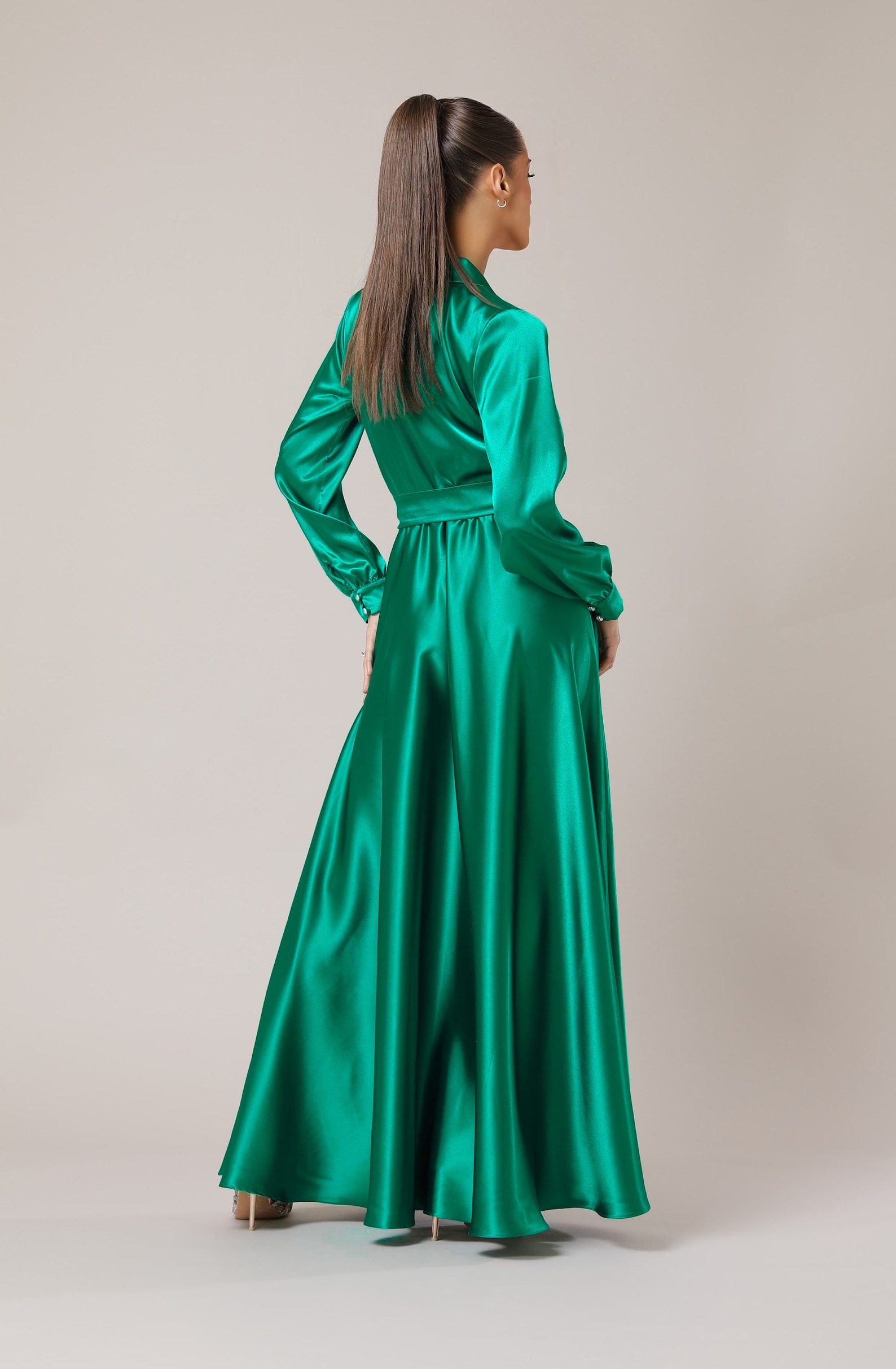 Green A Line Satin Dress Wrap Shawl Lapel Neck Satin Dress - Etsy