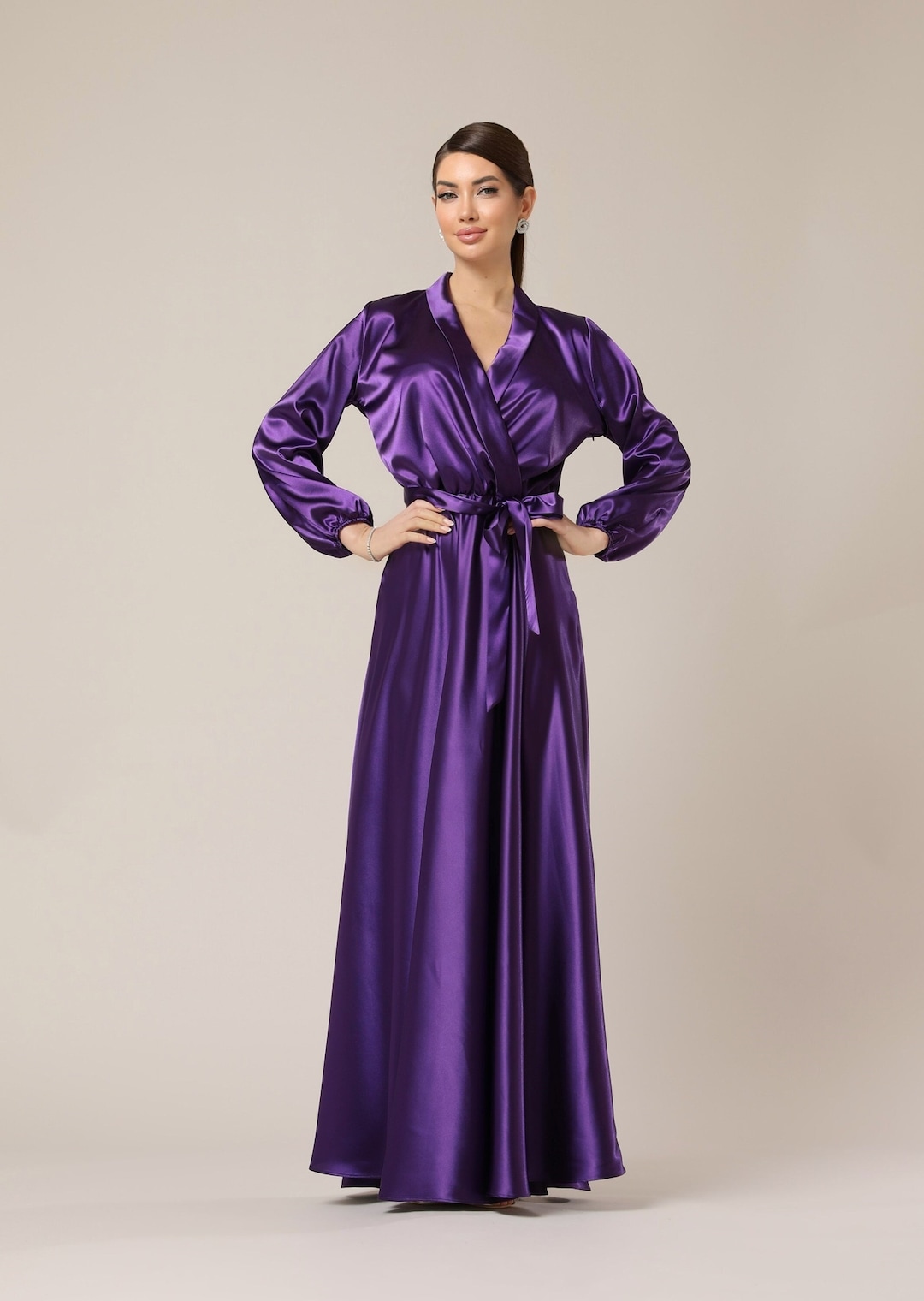Purple Satin Dress Long Sleeve Occasion Dress a Line Dress, Flowy Dress ...
