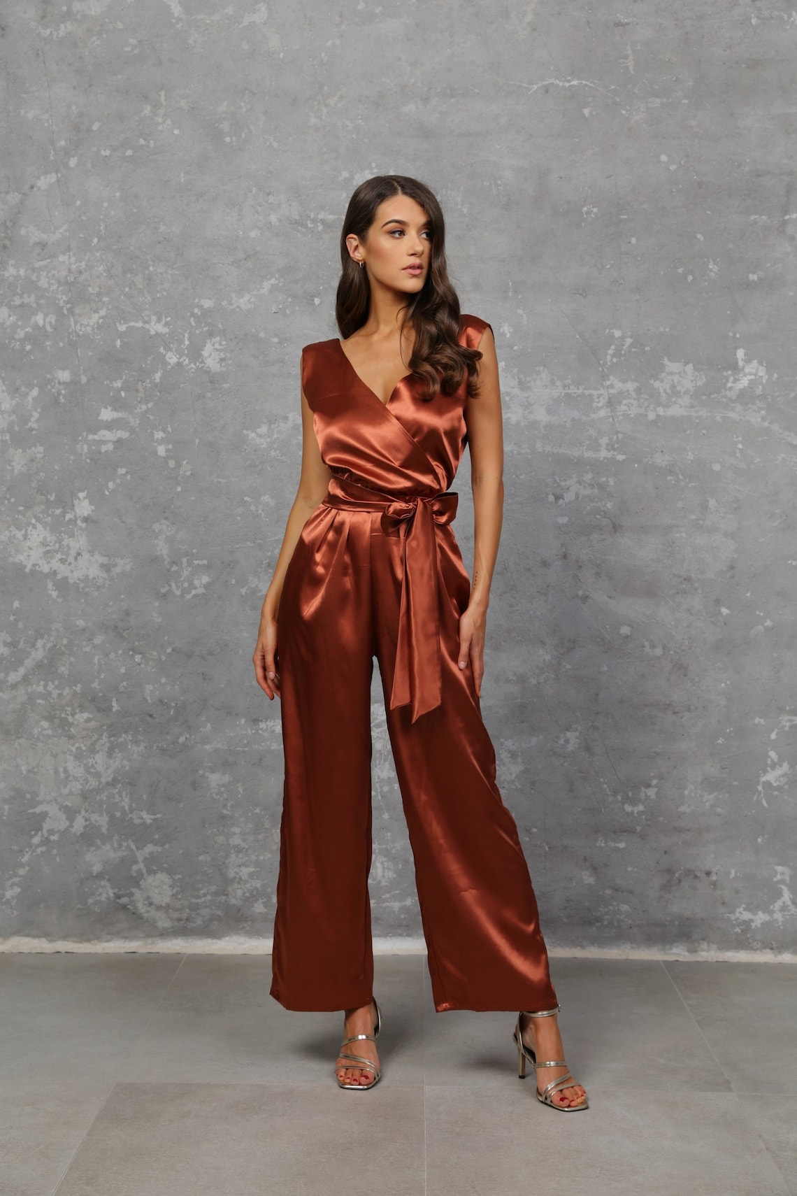 Wide Leg Satin Copper Jumpsuit Wrap V Neck Low V Back - Etsy UK