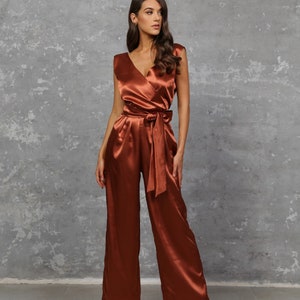 Wide Leg Satin Copper Jumpsuit Wrap V Neck Low V Back - Etsy UK