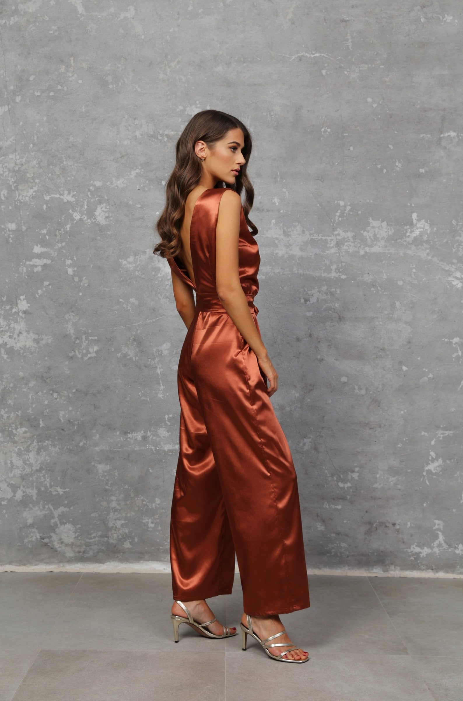 Wide Leg Satin Copper Jumpsuit Wrap V Neck Low V Back - Etsy UK