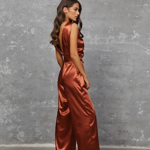 Wide Leg Satin Copper Jumpsuit Wrap V Neck Low V Back - Etsy UK