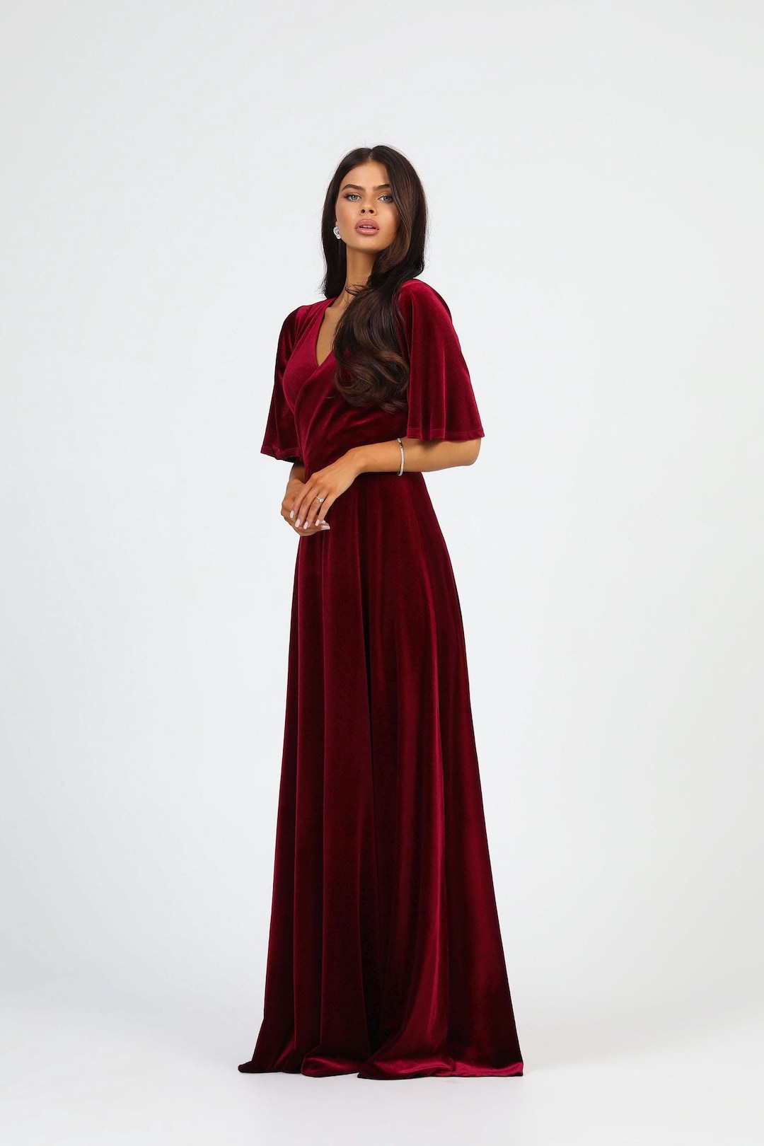 Burgundy Velvet Bridesmaid Dress, Wrap Neck Evening Gown Maid of Honor ...