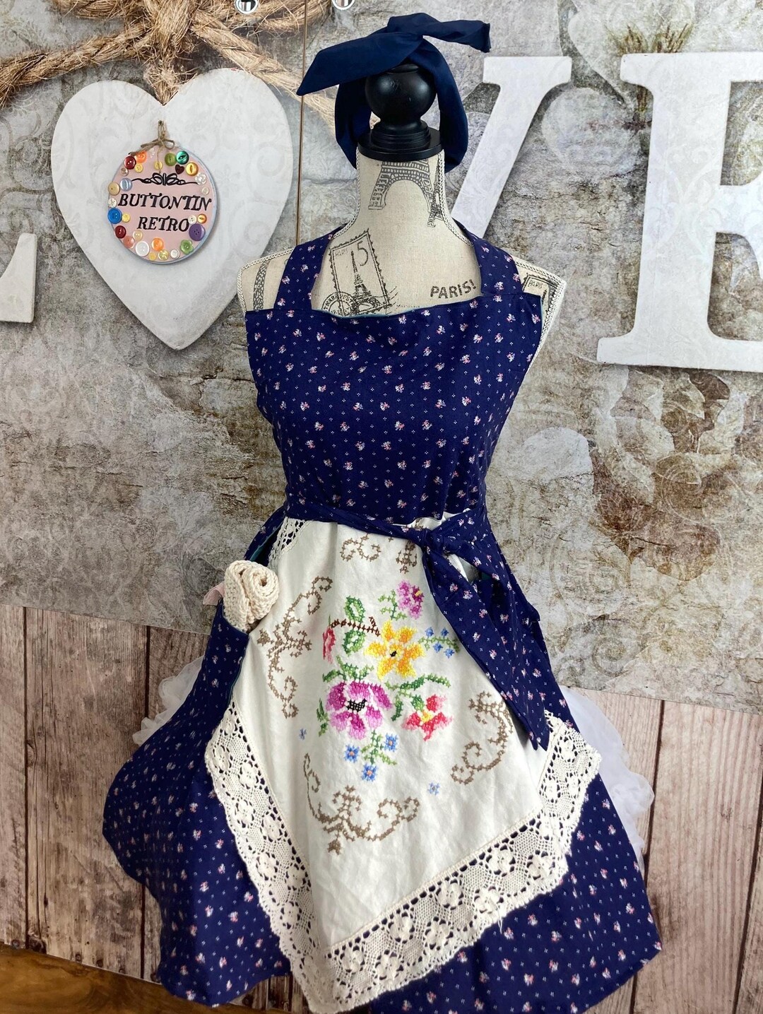 Retro Apron Full Apron, 50s Retro Navy Blue With Pink Flowers Cross ...