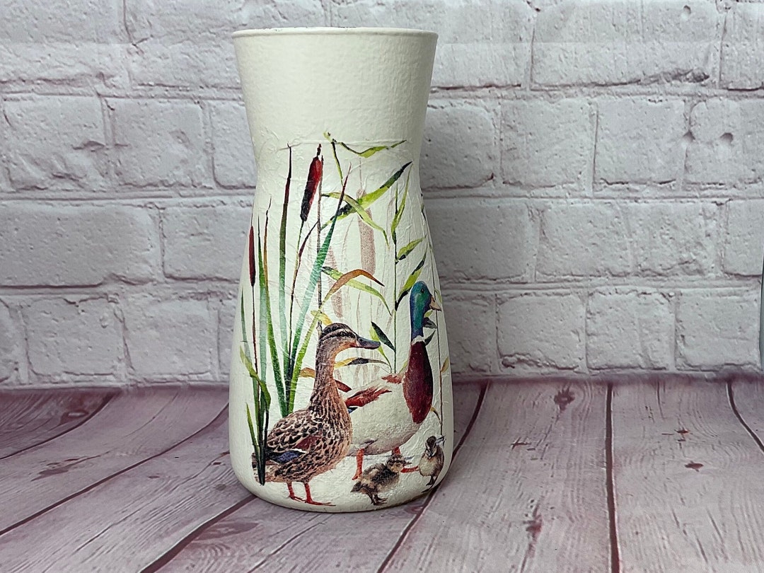 Flower Vase Painted Decoupaged Ducks Vase Personalised Mum Gift Dad ...