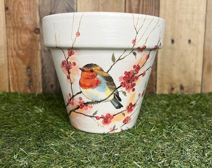 Robin and Daffodil Decoupaged Garden Planter, Flower and Bird Plant Pot ...