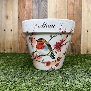 Personalised Robin Plant Pot, Decoupage Bird Flower Pot, Indoor Outdoor ...