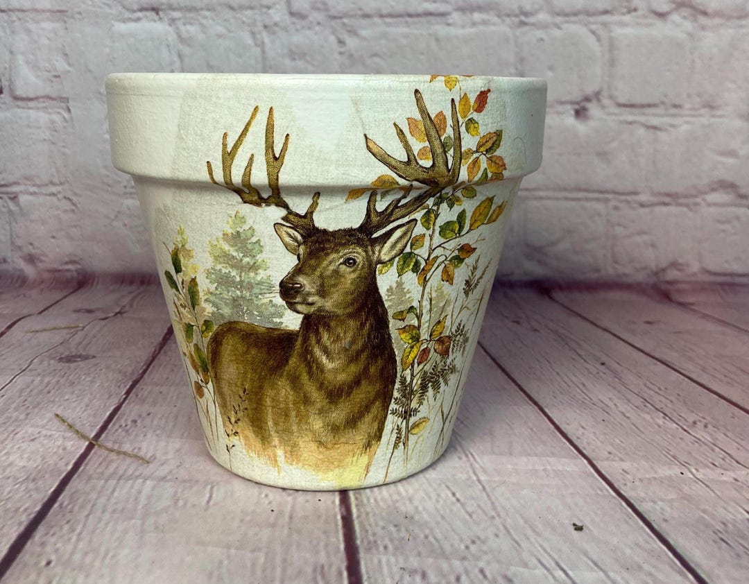 Painted Picture Decoupaged Deer Stag Plant Pot Indoor Outdoor ...