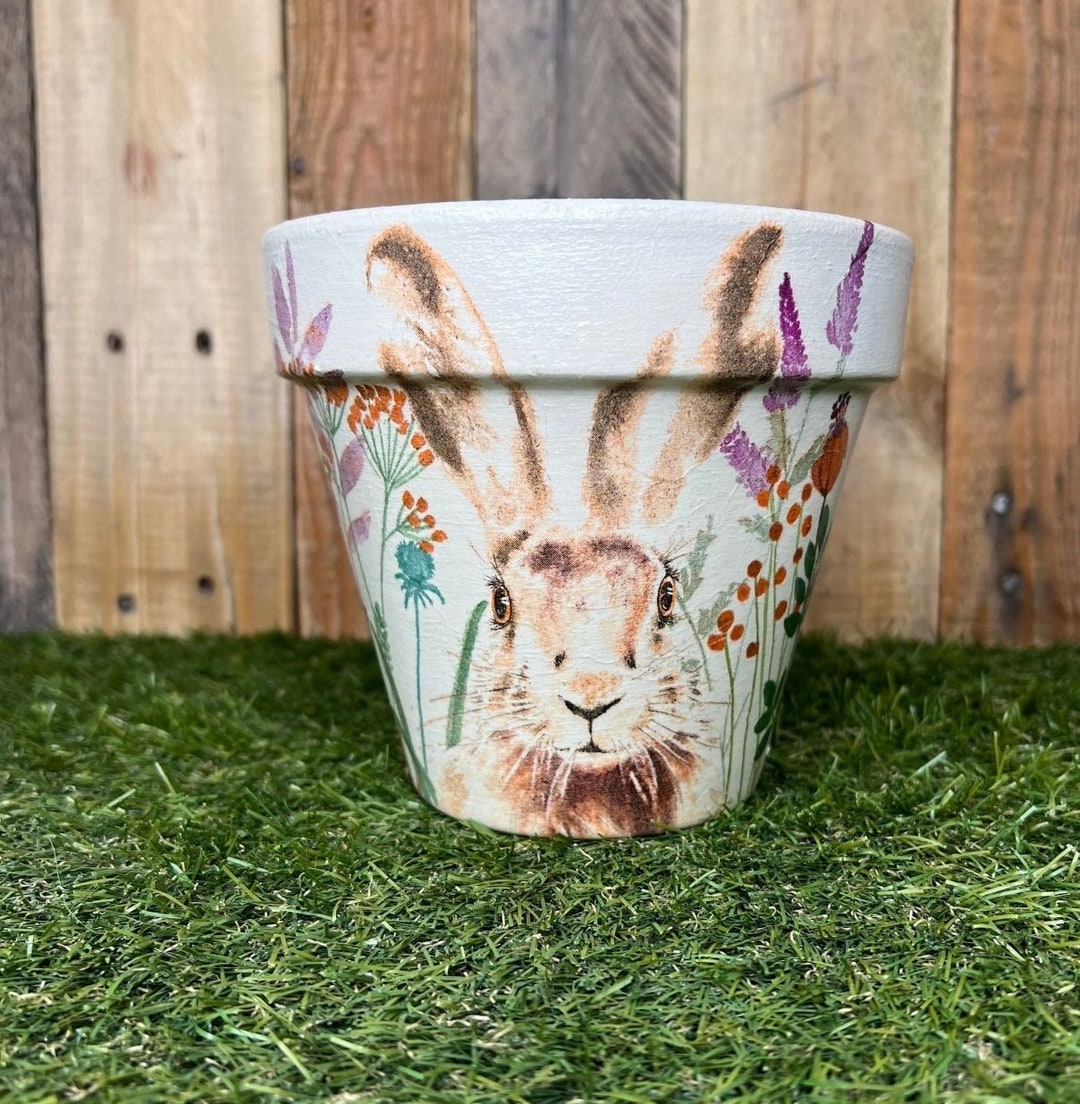 Plant Pot Painted Picture Decoupage Plant Pot Hare Plant Pot Indoor ...