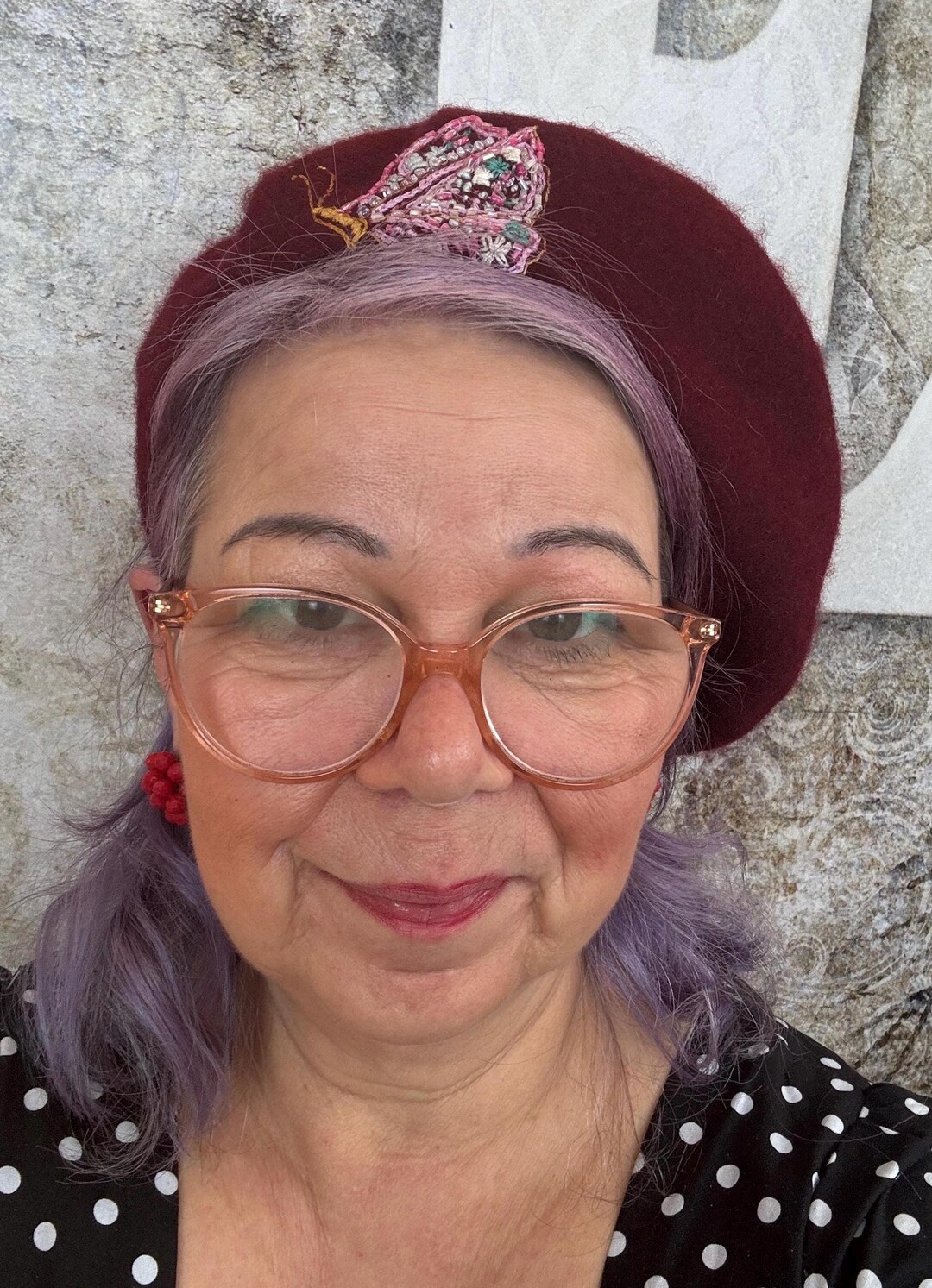 Beret Burgundy Beret Hat Hand Embroidered & Beaded on Pink Flowered ...