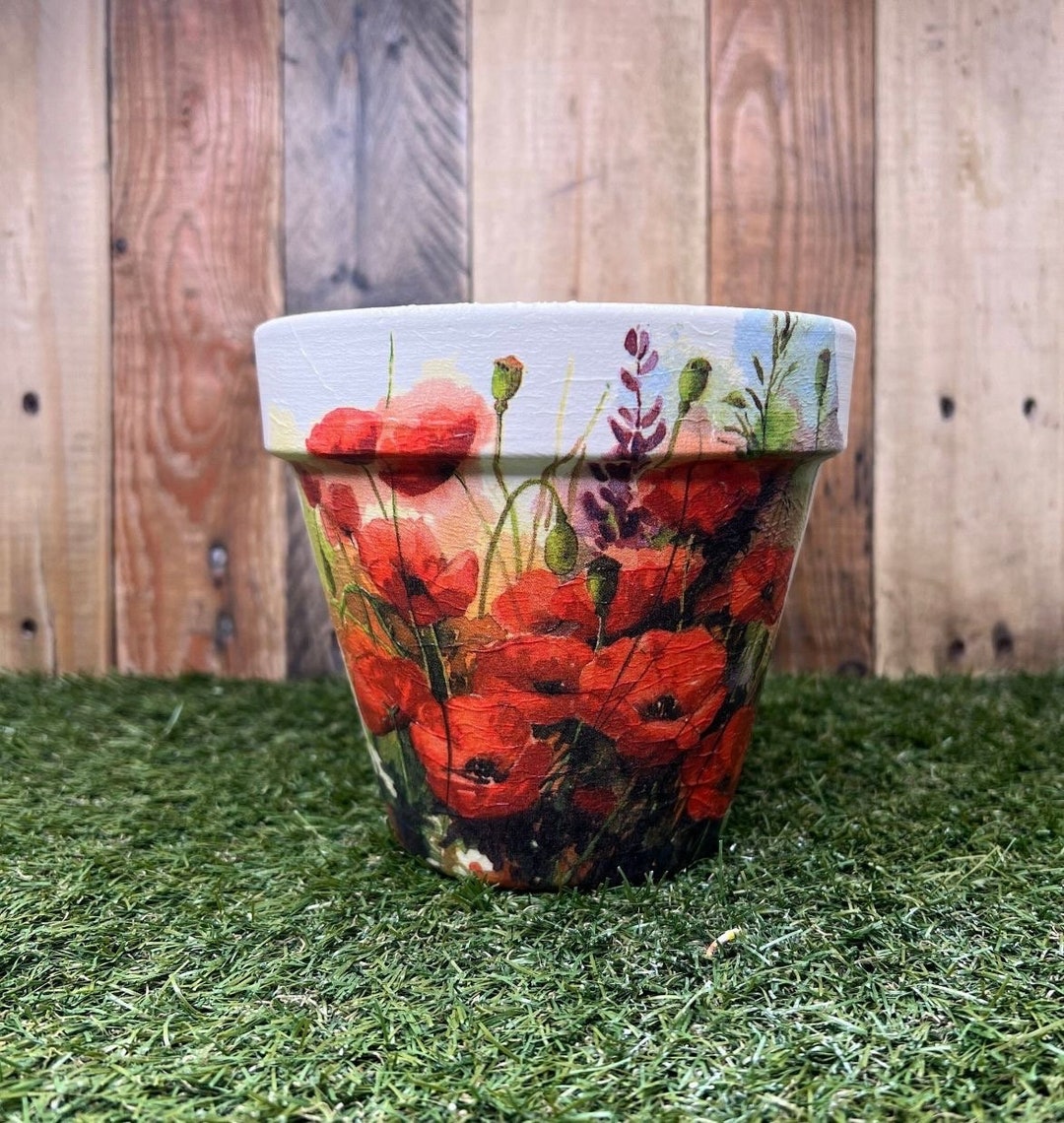Painted Picture Plant Pot Poppies Decoupaged Indoor Outdoor ...