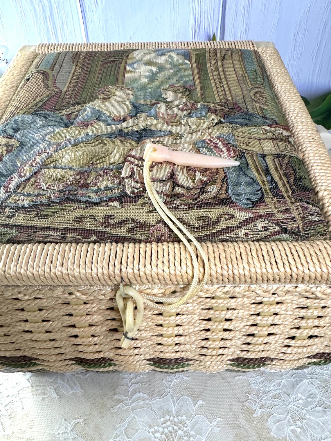 Large Vintage Azar Sewing Basket Tapestry and Woven Wicker Sewing ...