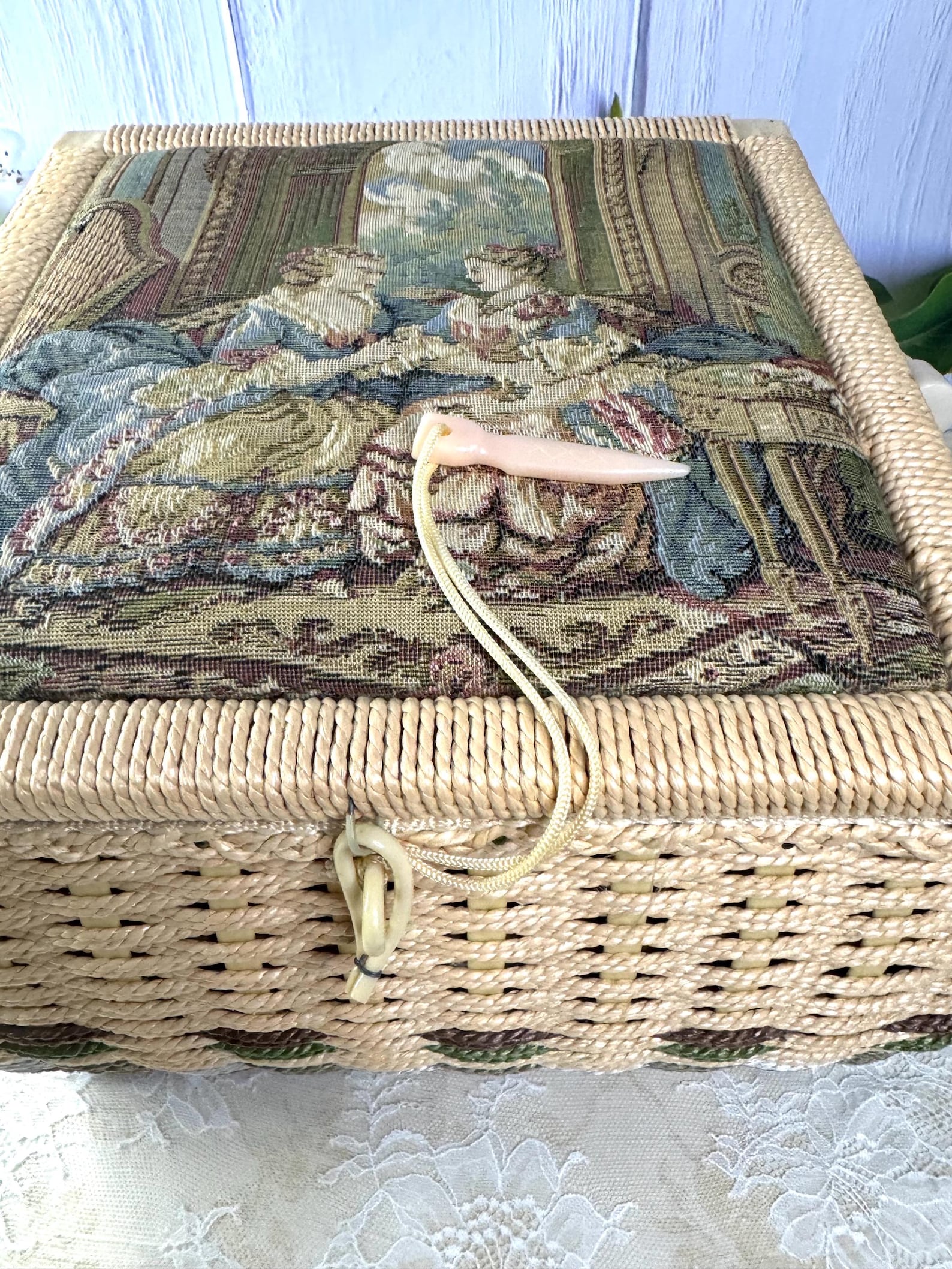 Large Vintage Azar Sewing Basket ~ Tapestry and Woven Wicker Sewing ...