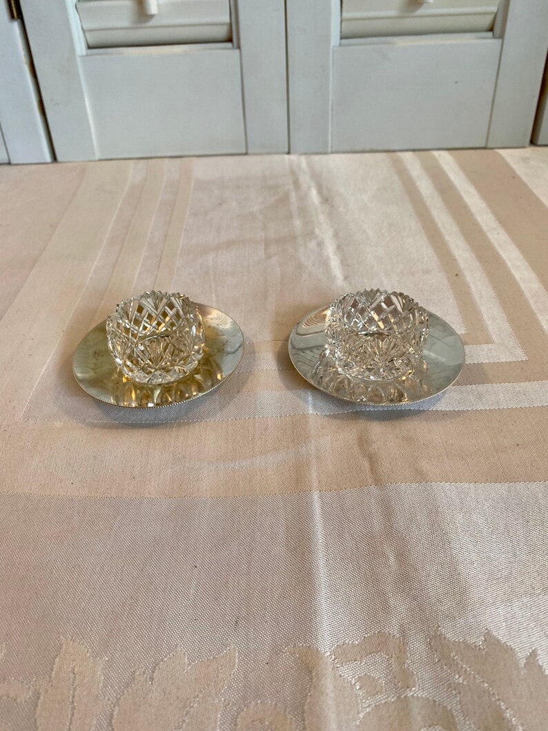 Vintage Crystal Salt Cellars and Silver Plate Holders G G H NS Nickel ...