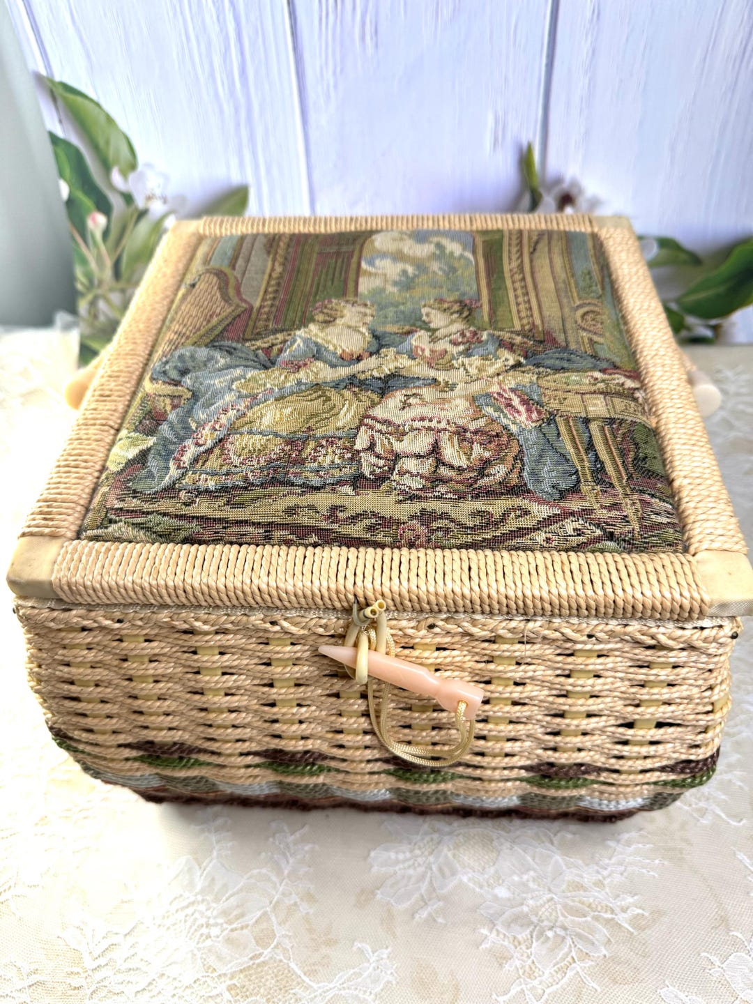 Large Vintage Azar Sewing Basket ~ Tapestry and Woven Wicker Sewing ...