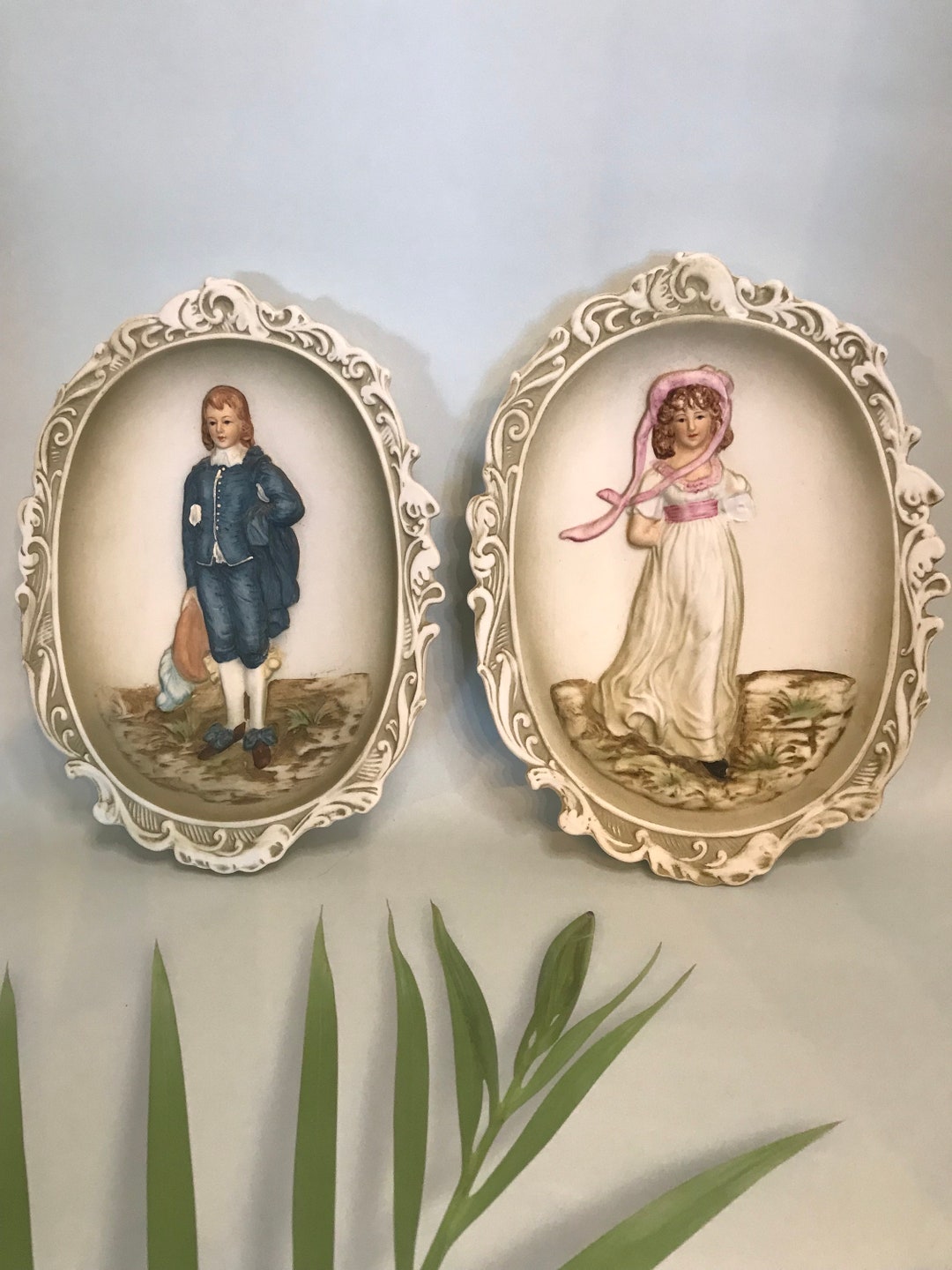 Vintage Pair ~ Lefton 3D Blue Boy and Pinky Wall Plaques ~ Porcelain ...