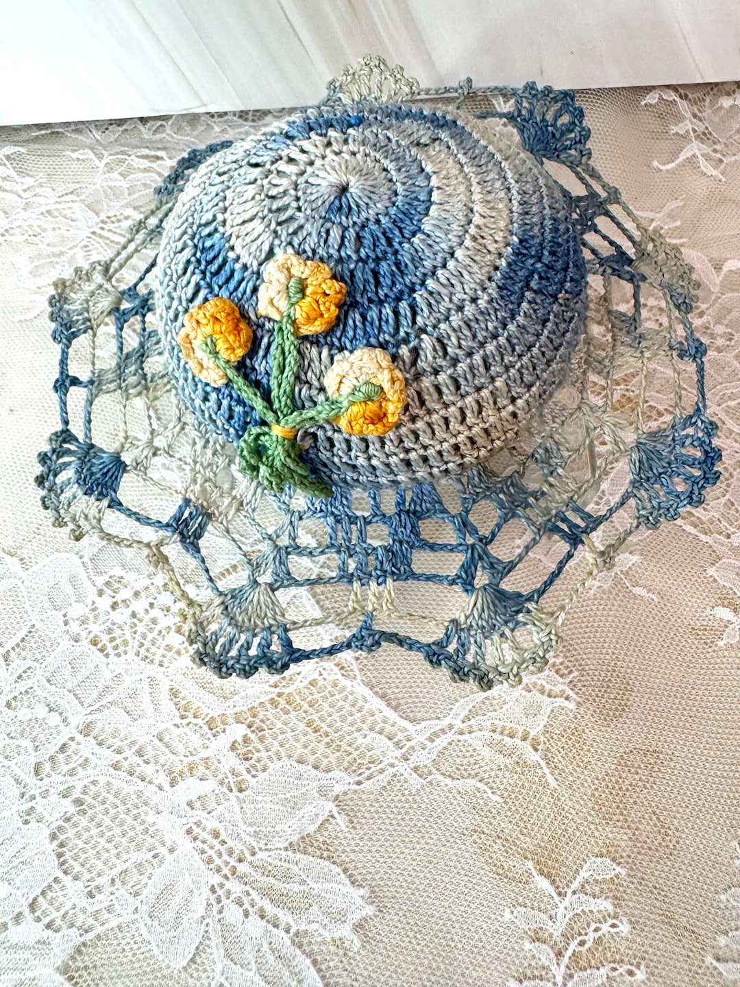 Vintage Sewing Pin Cushion ~ Blue Crochet Hat Pin Cushion ~ Yellow ...