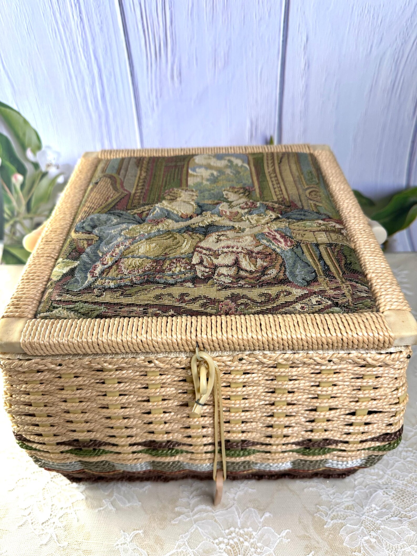 Large Vintage Azar Sewing Basket ~ Tapestry and Woven Wicker Sewing ...