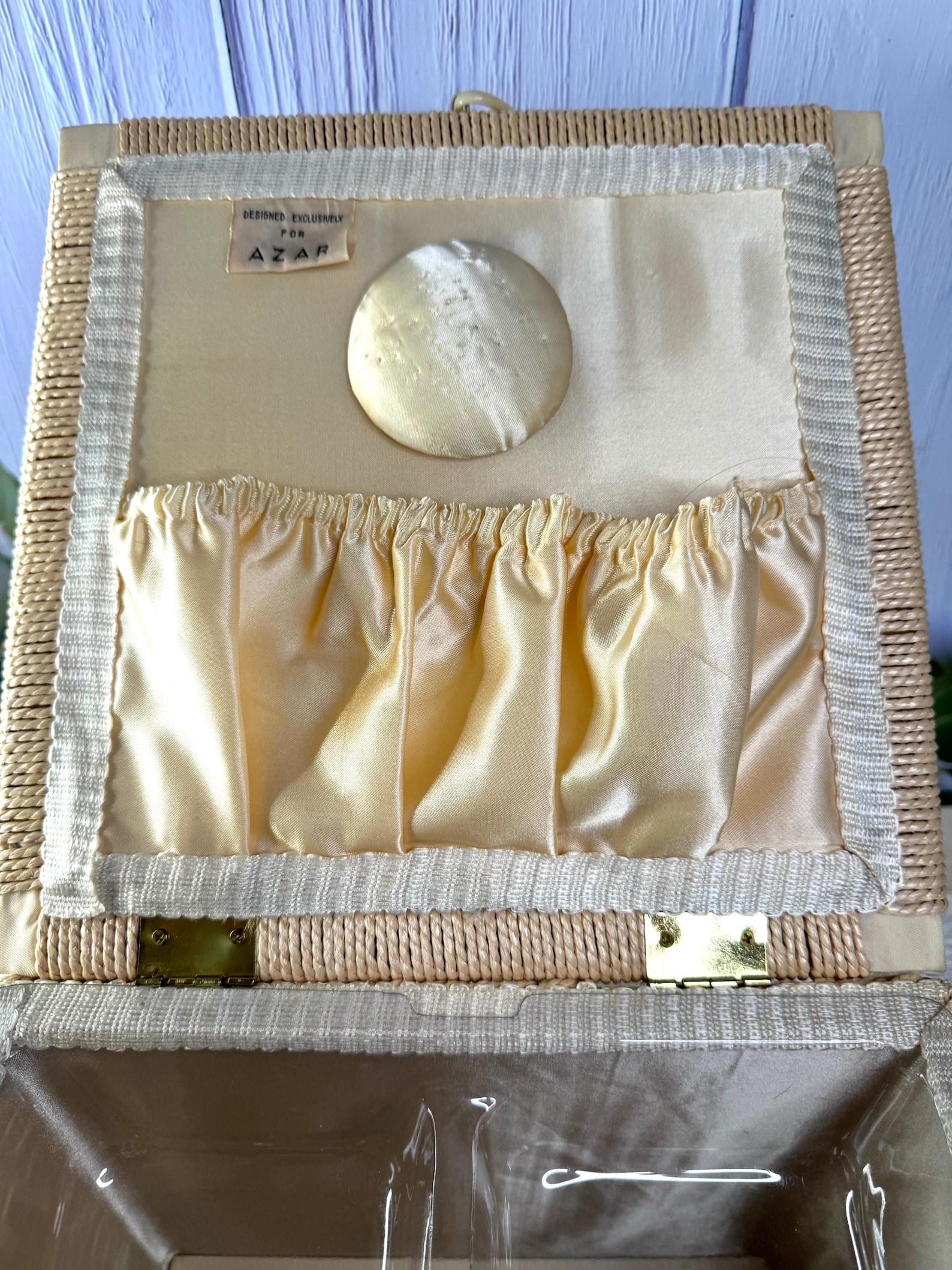 Large Vintage Azar Sewing Basket Tapestry and Woven Wicker Sewing ...