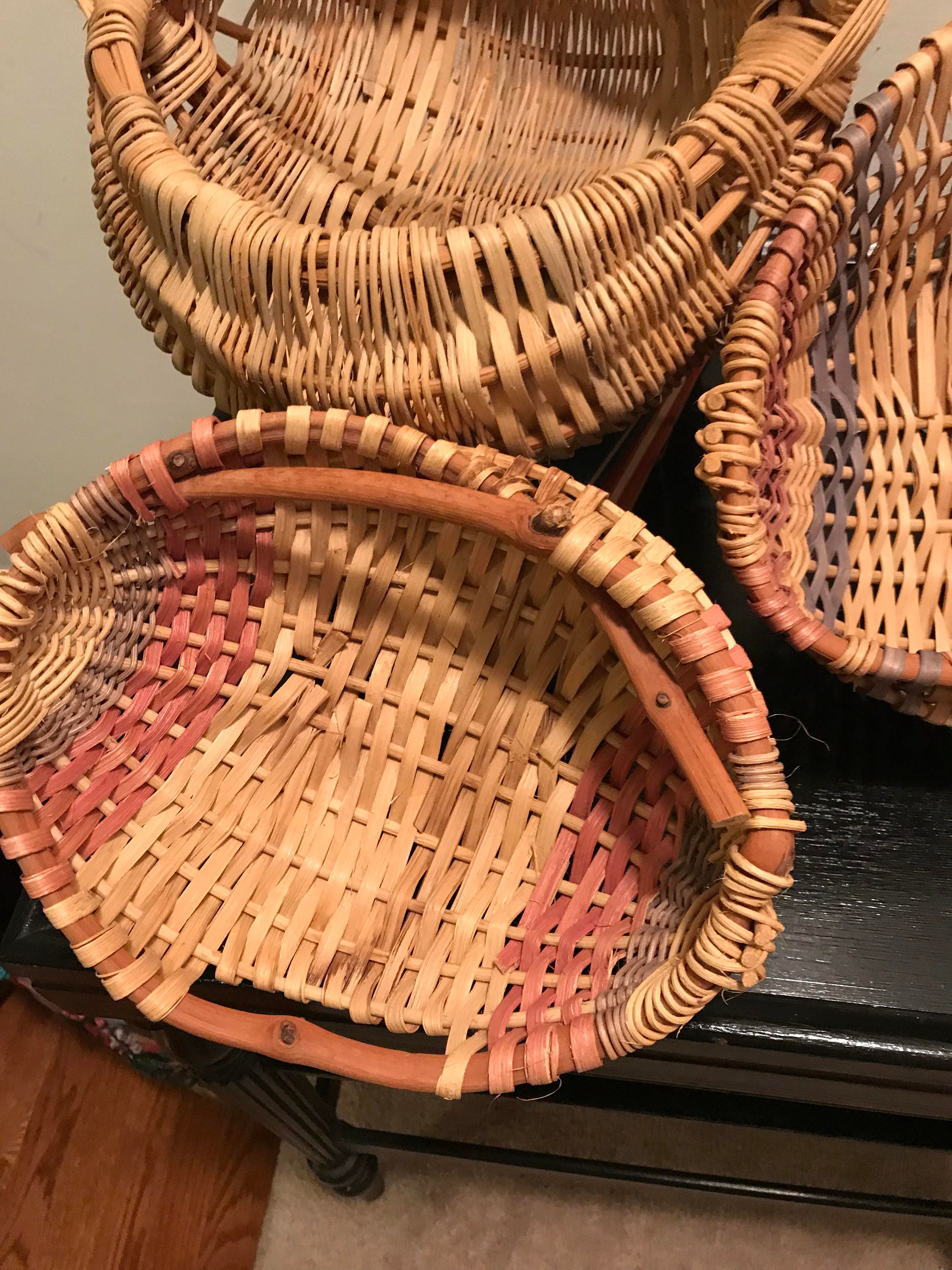 Vintage Set of 3 Wicker Baskets Twisted Wooden Handles Nesting Baskets ...