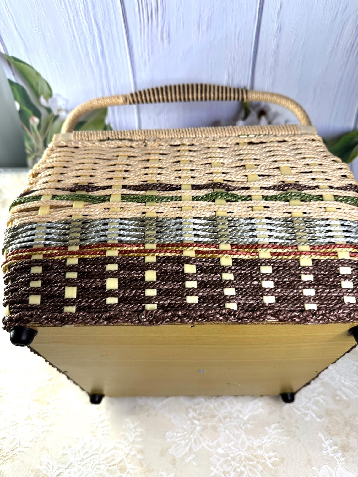 Large Vintage Azar Sewing Basket Tapestry and Woven Wicker Sewing ...