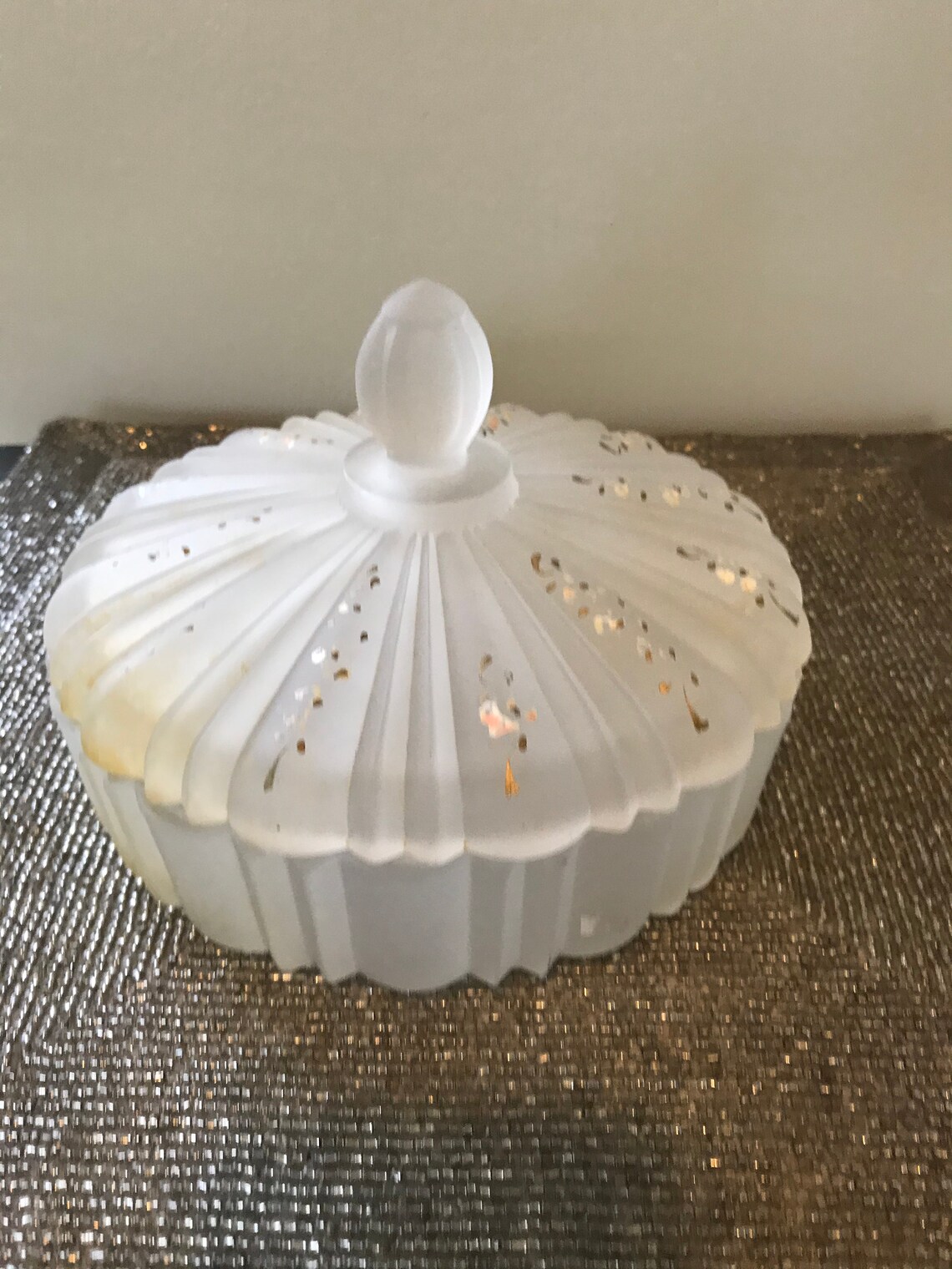 Vintage Frosted Glass Candy Dish With Lid Handpainted Flowers ...