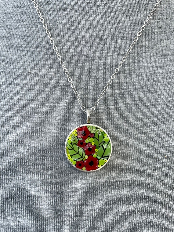 Circular Red Poppy Floral Micromosaic Pendant/round Red Poppy - Etsy