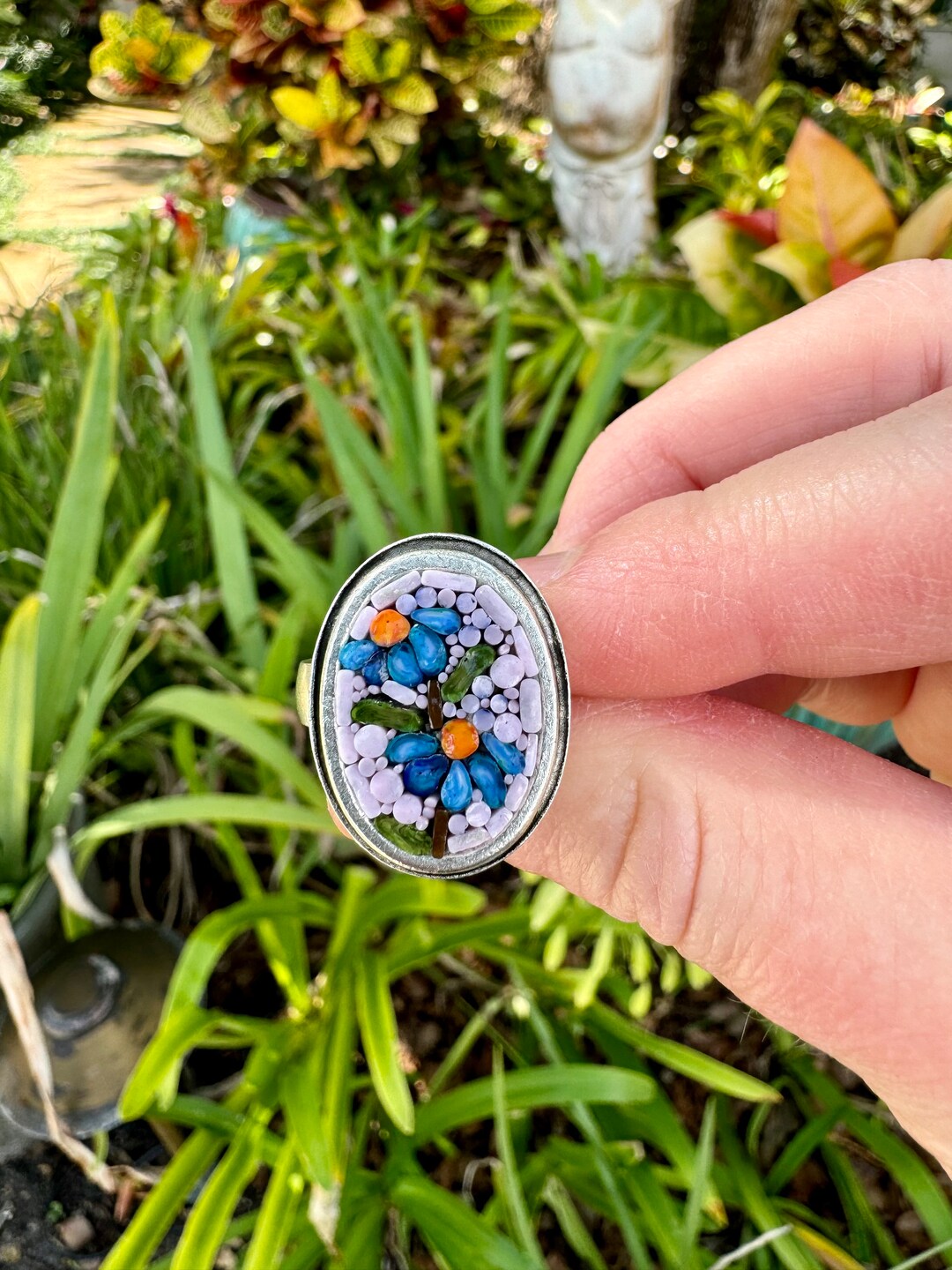 Oval Forget Me Not Micromosaic Adjustable Ring/forget Me Not Floral ...