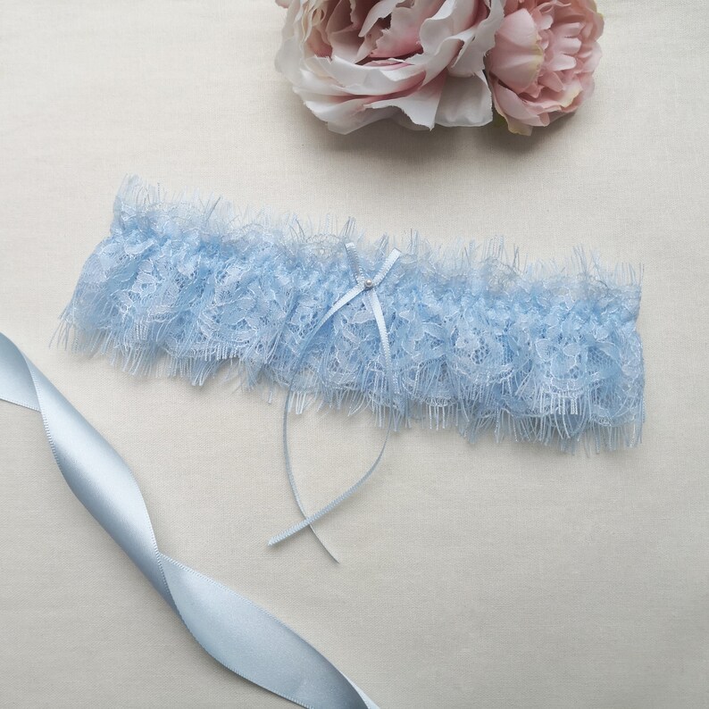 Blue Wedding Garter With a Pearl, Blue Eyelash Lace Bridal Garters for ...
