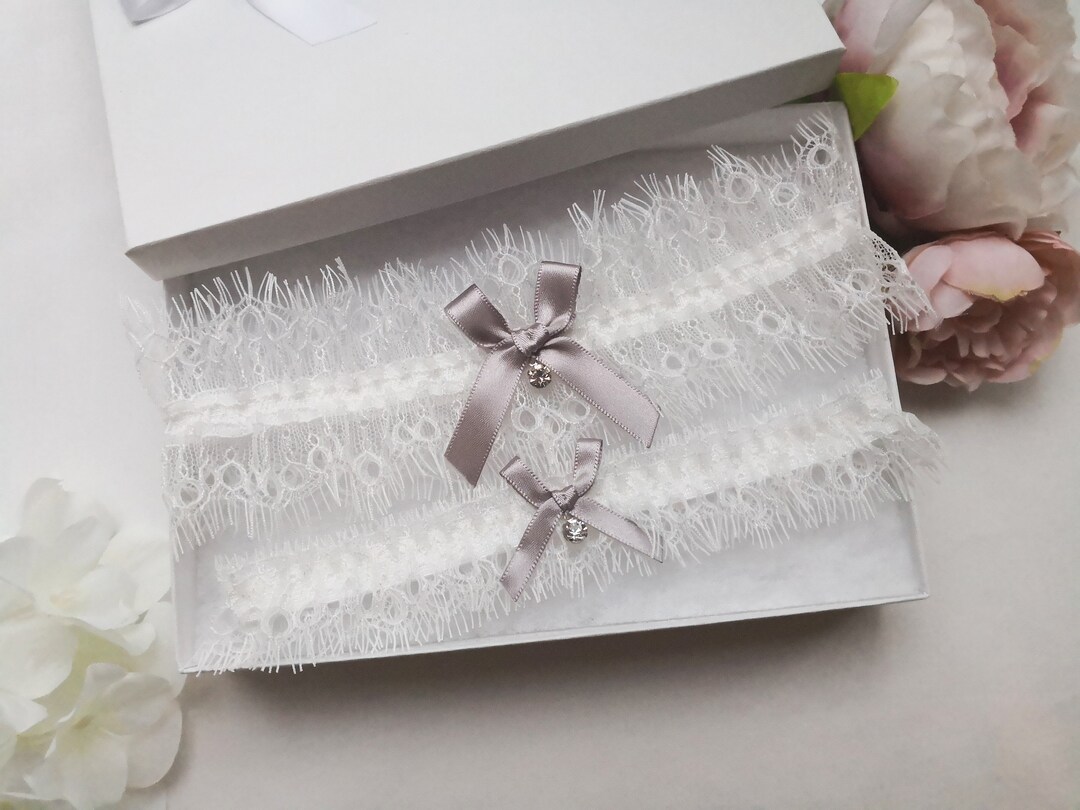 Silver Grey Garter Set Ivory Wedding Garter Set Eyelash Lace - Etsy