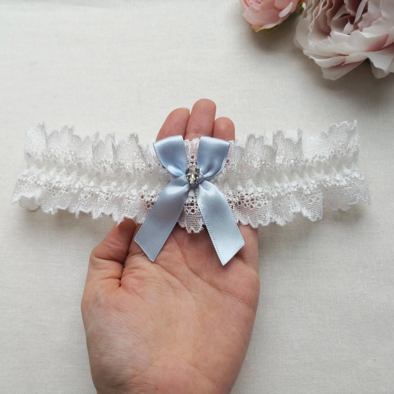 Blue bow wedding garter ivory bridal garter with crystal | Etsy