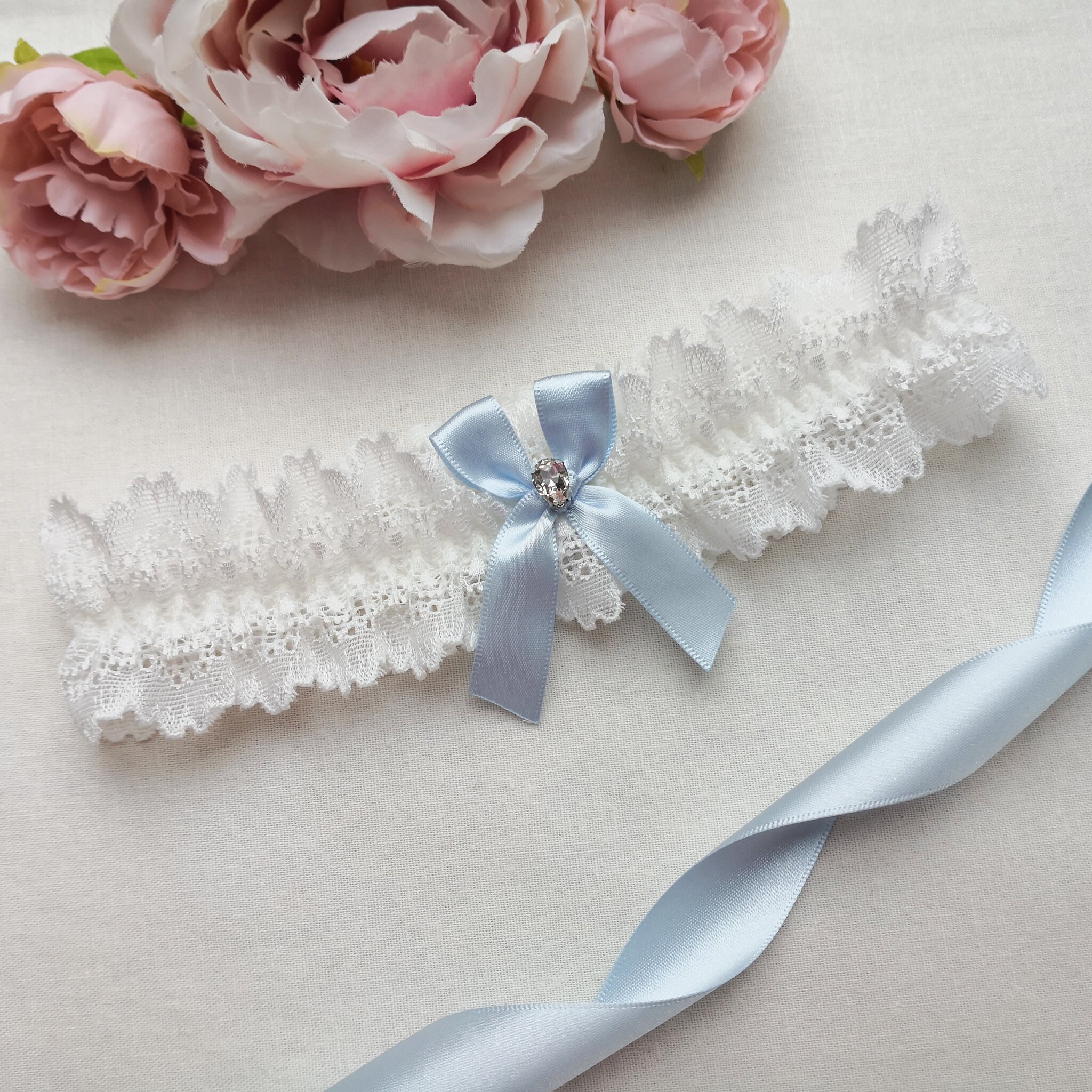 Blue Bow Wedding Garter Ivory Bridal Garter With Crystal - Etsy UK