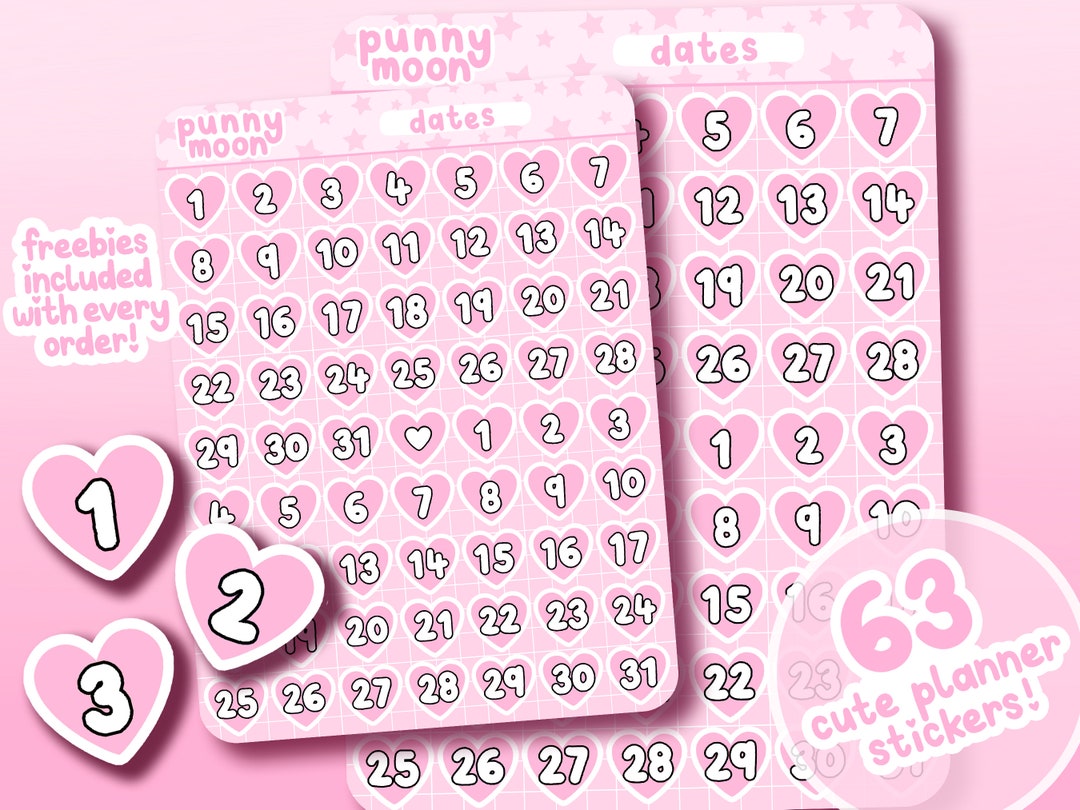Pink Dates Planner Stickers| Kawaii Heart Calendar Sheet| Cute Numbered ...