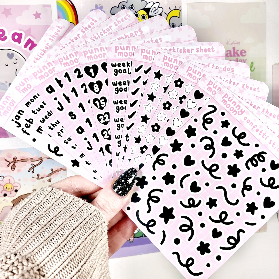 Cute Black and White Sticker Sheet Bundle| Kawaii Planner Stickers ...