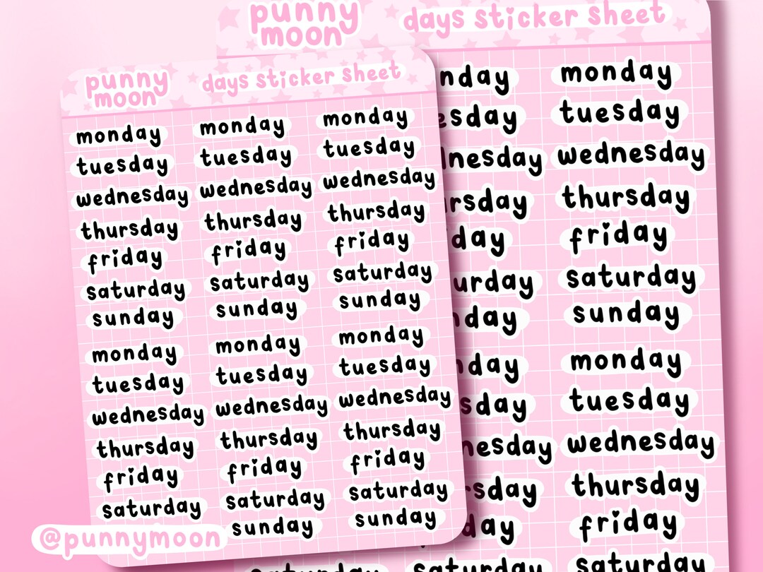Black Days of the Week Sticker Sheet| Cute Weekday Planner Stickers ...