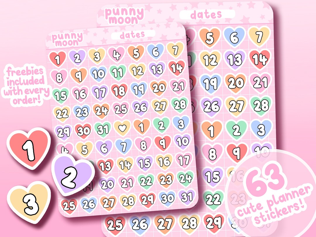 Rainbow Dates Planner Stickers| Kawaii Heart Calendar Sheet| Cute ...