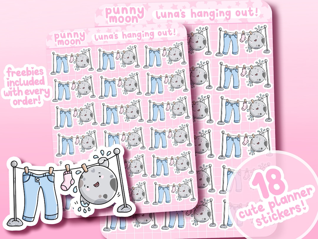 Luna's Hanging Out| Cute Washing Line Planner Stickers| Kawaii Laundry ...
