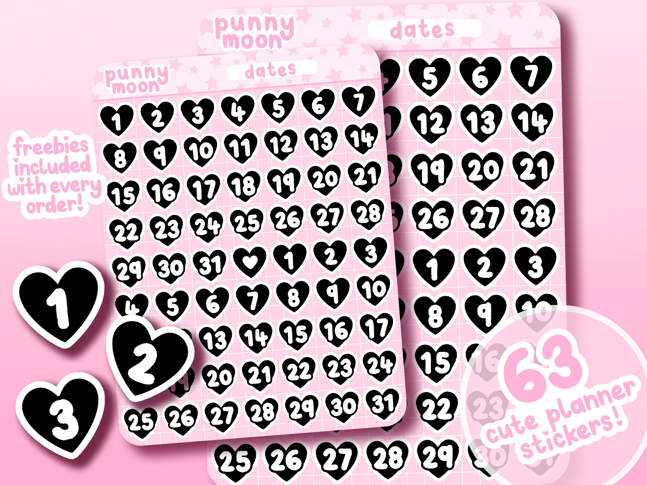 Black Dates Planner Stickers| Kawaii Heart Calendar Sheet| Cute ...