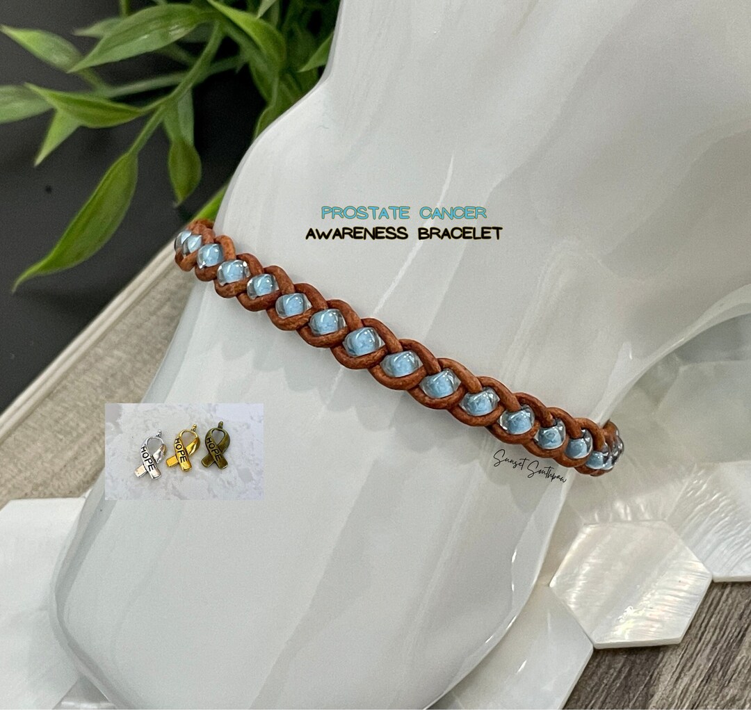 Prostate Cancer Awareness Bracelet: Braided Leather & Light Blue Seed ...