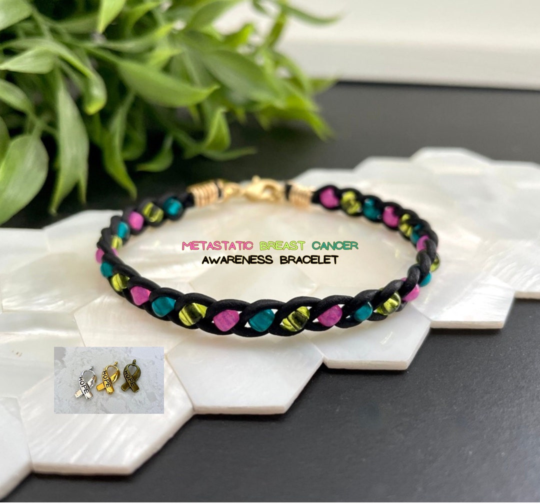 Metastatic Breast Cancer Awareness Bracelet: Braided Leather, Teal Pink ...