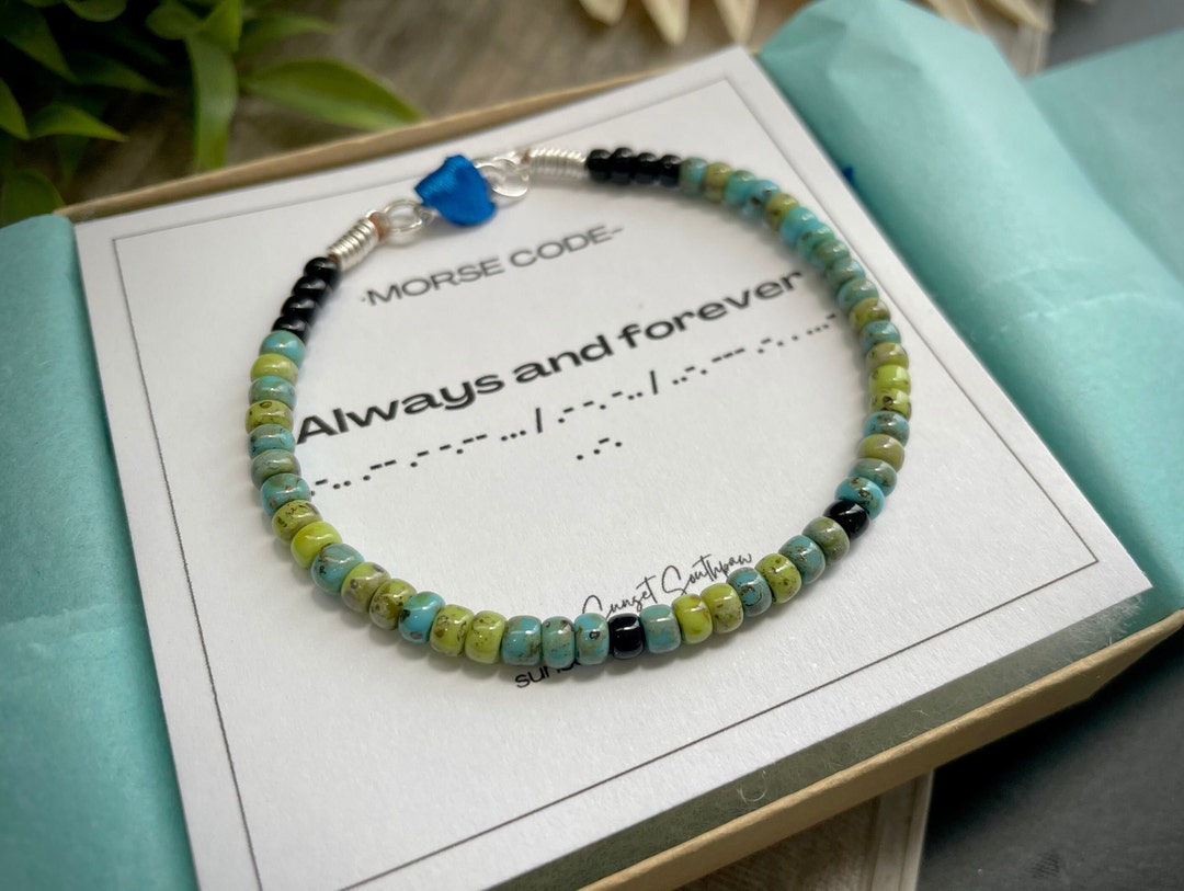 Always and Forever Morse Code Bracelet: Picasso Seed Bead Leather ...