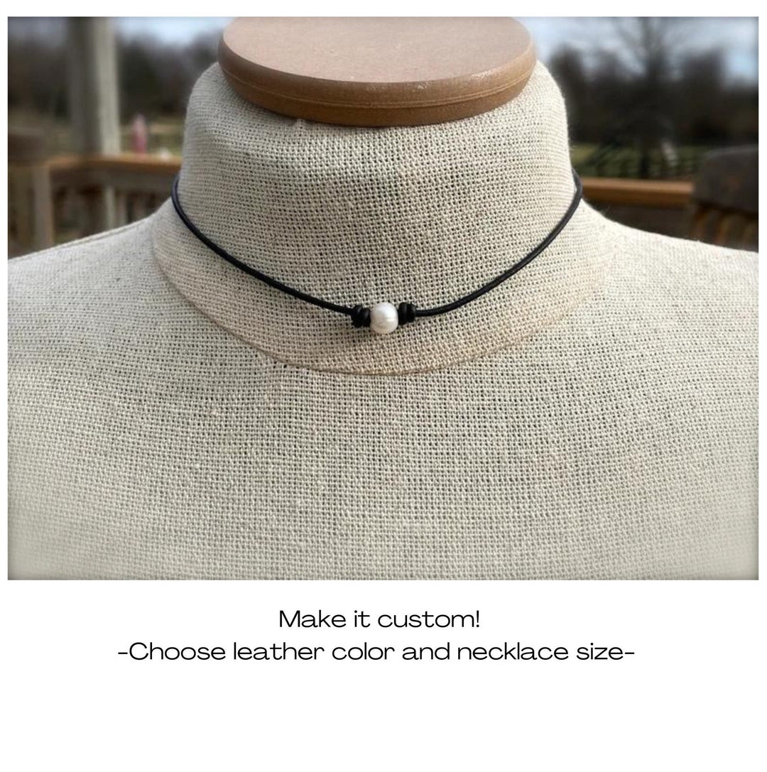 Kids Single Pearl Leather Choker, Custom Leather Pearl Necklace, Pearl ...