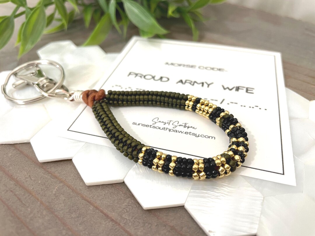 Proud Army Wife Morse Code Keychain, Beaded Leather Loop Key Ring - Etsy
